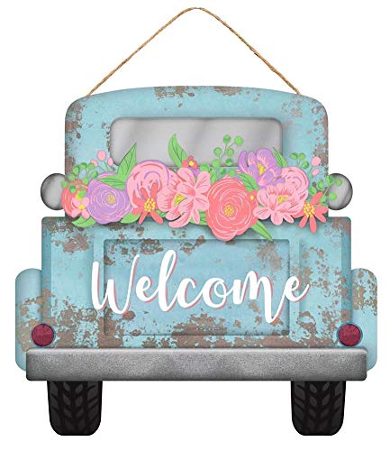 Easter Welcome Vintage Truck Sign - 12" x 11.5", Spring Flowers, Holiday Wreath, Front Door Decor, Home, Kitchen, Patio, School Classroom Decoration