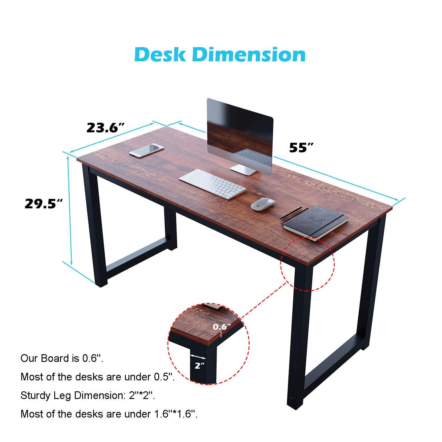 FSTAR 55" Writing Desk with Bar Sturdy Home Office Desk Modern Simple Design Computer Desk Writing Table for Home Office Large Space Workstation Metal Frame (55", Sandalwood)