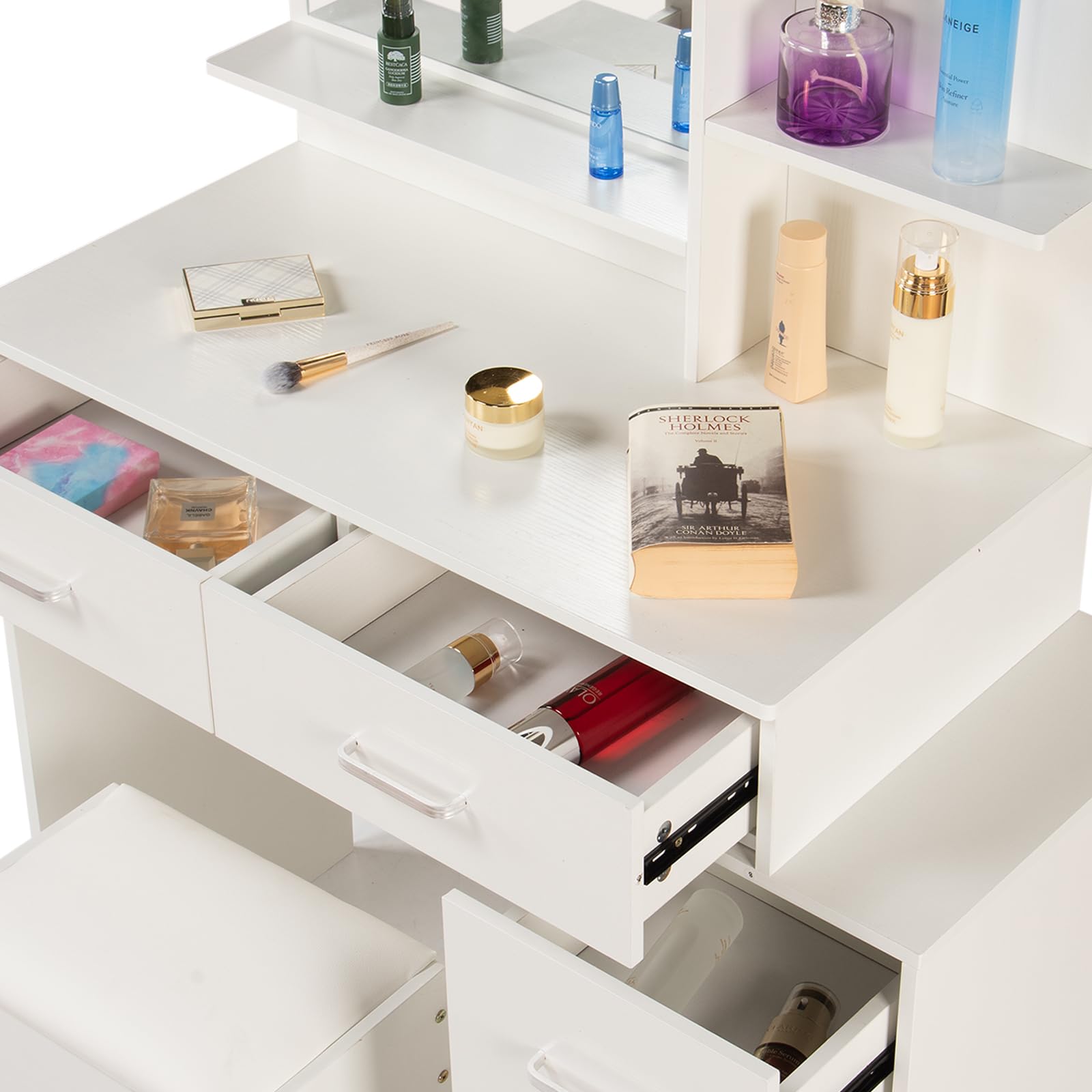 Dradaomull Makeup Vanity with LED Light in 3 Colors, Vanity Table with 4 Shelves and 5 Drawers, Dressing Table with Chair and Adjustable Brightness for Bedroom