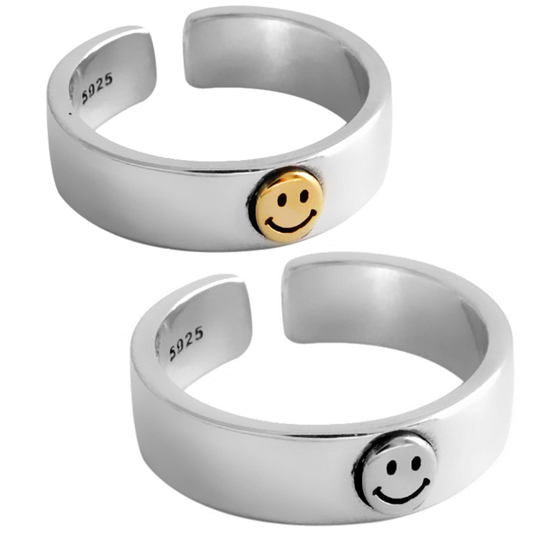 DXZNBEST Women Smiley Face Matching Rings Band Open Smiling Face Rings Statement Asthetic Jewelry Adjustable Bands for Women Men 2PCS