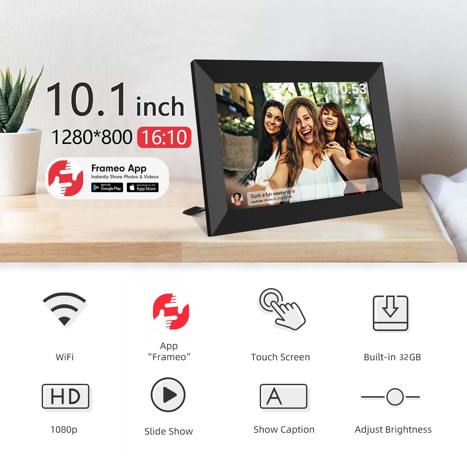 FRAMEO 10.1 Inch Smart WiFi Digital Photo Frame 1280x800 HD IPS LCD Touch Screen, Auto-Rotate, Motion Sensor, Built in 16GB Memory, Share Moments Instantly via Frameo App from Anywhere