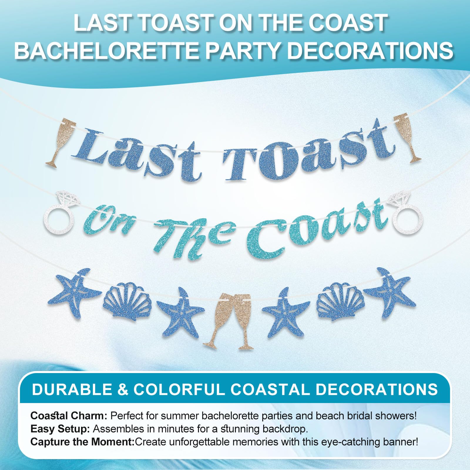 Last Toast On The Coast Bachelorette Party Decorations, Summer Blue Beach Pool Bridal Shower Diamond Ring Banner, Coastal Nautical Decor Supplies for Bride to be