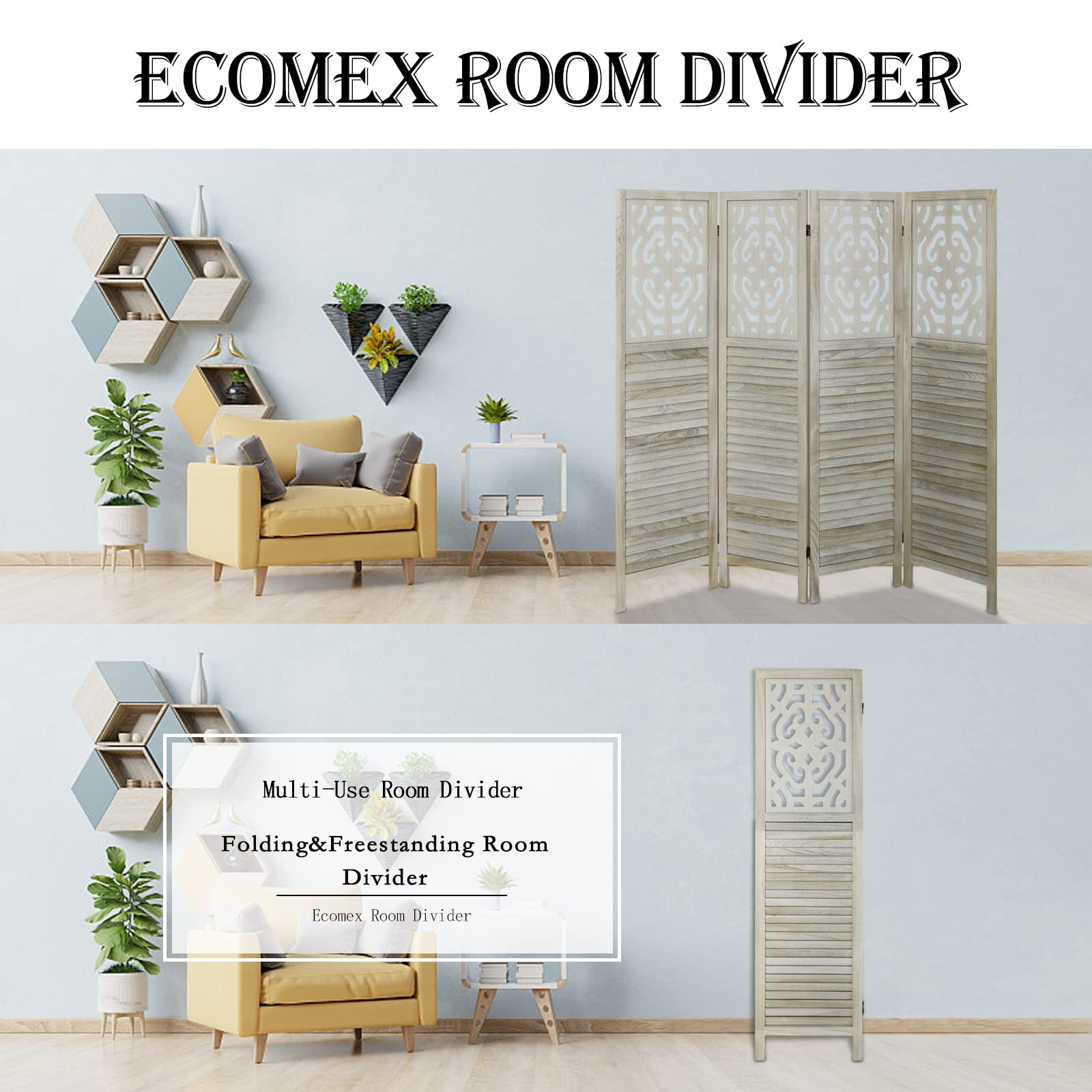 ECOMEX Cutout Room Divider,6 Panel Freestanding Room Divider Screen,Folding Privacy Wall Screen Room Divider for Home Office Bedroom, Natural