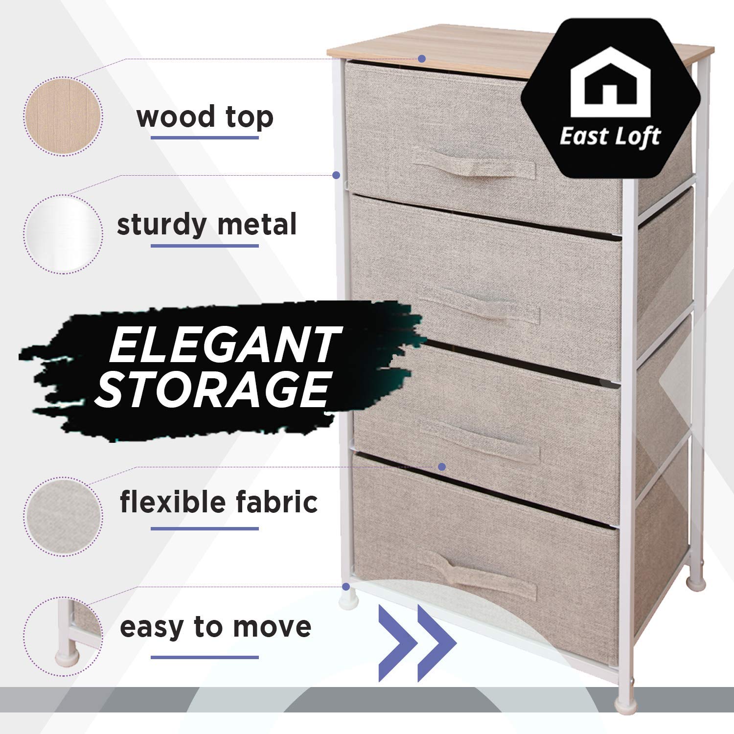 East Loft Tall 4 Drawer Dresser Storage Organizer for Closet, Nursery, Bathroom, Laundry or Bedroom Fabric Drawers, Solid Wood Top, Durable Steel Frame Natural