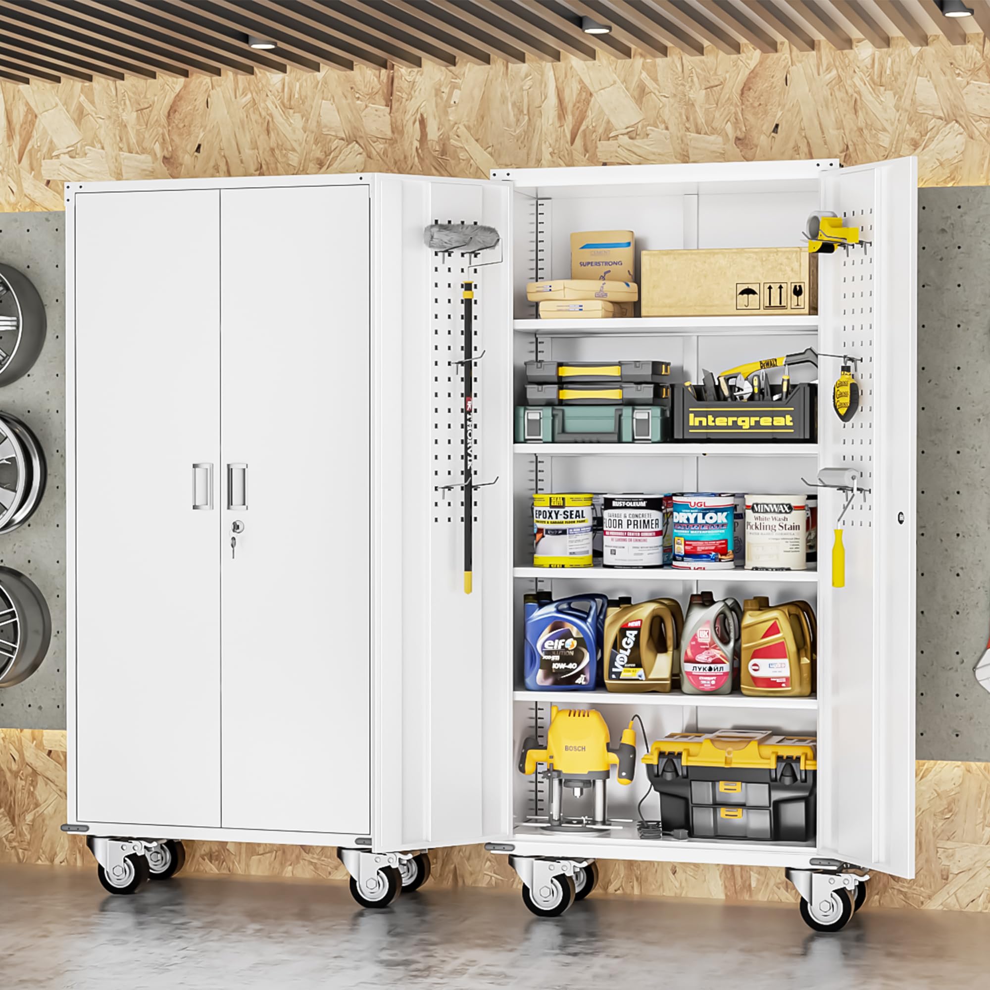 INTERGREAT 72" Metal Garage Storage Cabinet with Wheels, White Steel Locking Cabinet with 2 Adjustable Shelves and Doors, Rolling Metal Tool Cabinet for Home, Office, School, Garage