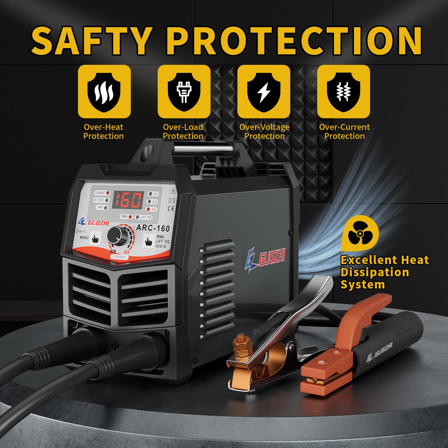 GZ GUOZHI 110/220V MMA Welder, 160A Stick ARC Welding Machine IGBT Digital Display LCD Hot Start Welder with Electrode Holder, Work Clamp, Input Power Adapter Cableā¦