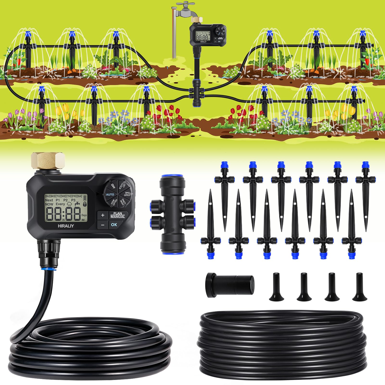 HIRALIY 49FT Automatic Drip Irrigation Kits with Garden Timer, Garden Watering System for Patio Lawn, Quick Connector Design Garden Irrigation System Kit with Easy Programmable Water Timer
