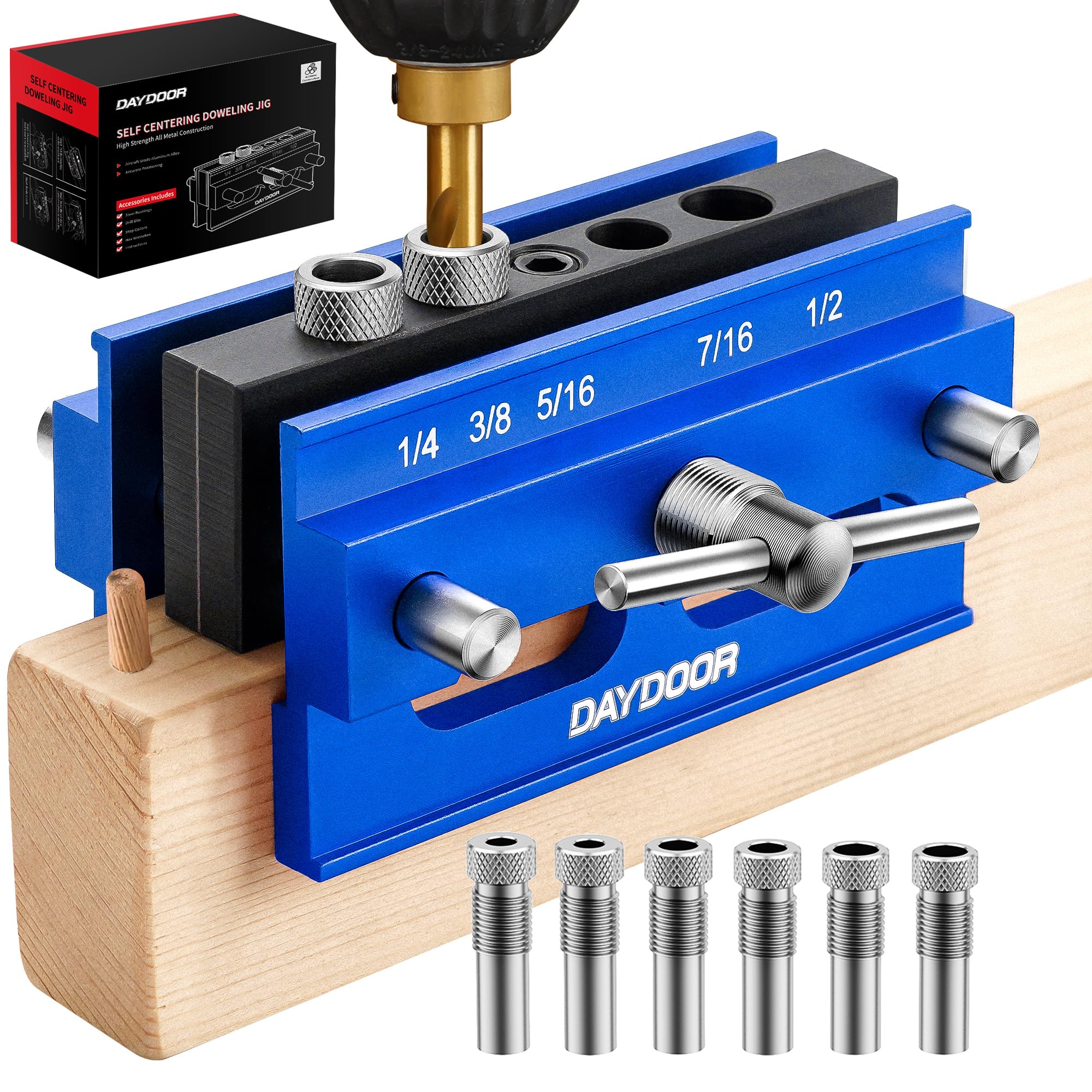 DAYDOOR Self Centering Doweling Jig Kit, Adjustable Width Dowel Jig for Woodworking, Centering Jig for Straight Holes Biscuit Joiner Set with 6 Bushings(Blue)