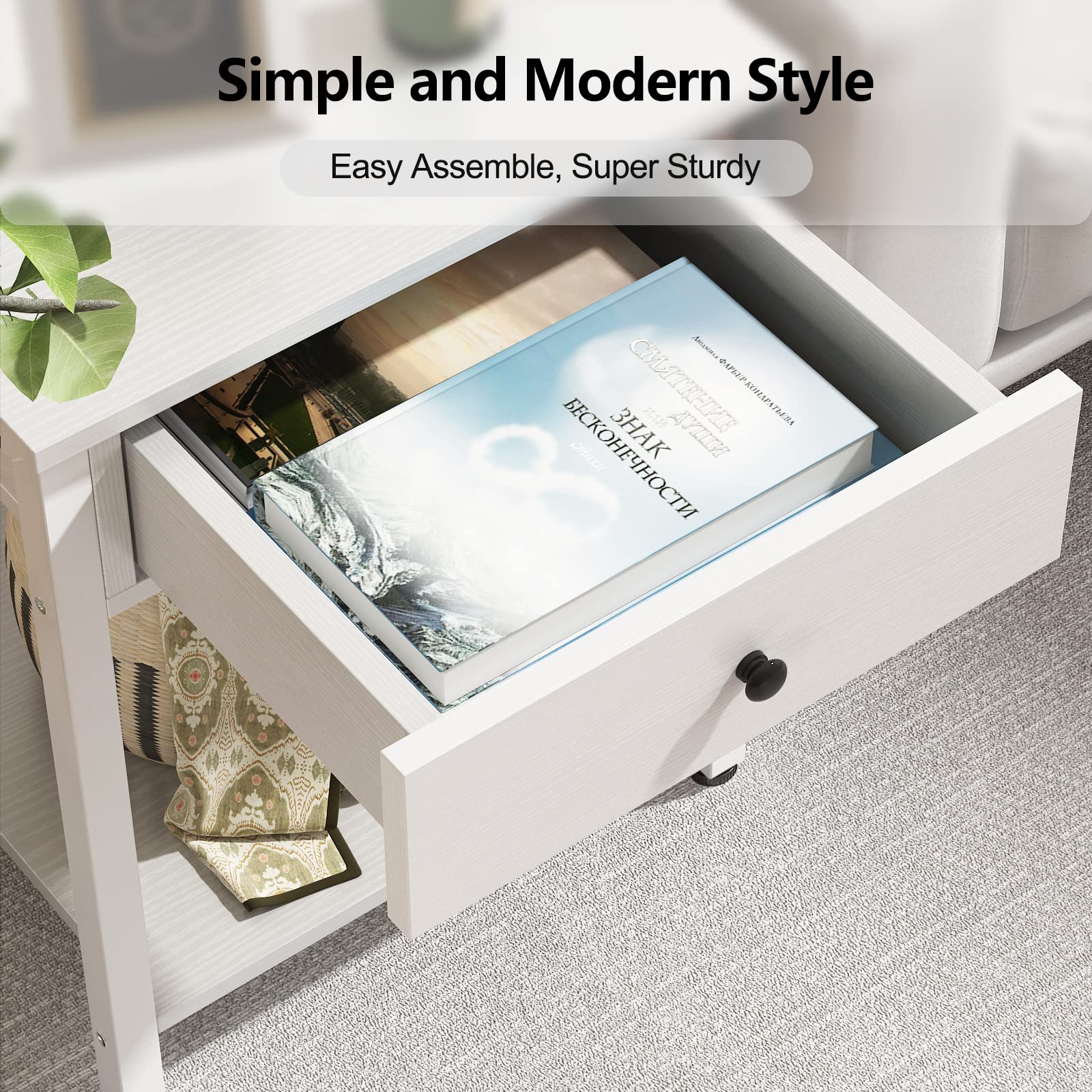 Ecoprsio Nightstand Set of 2 White End Table Side Table with Drawer and Storage Shelf Wood Night Stand Modern Bedside Table for Bedroom, Living Room, Sofa Couch, Hall, Easy Assembly, White