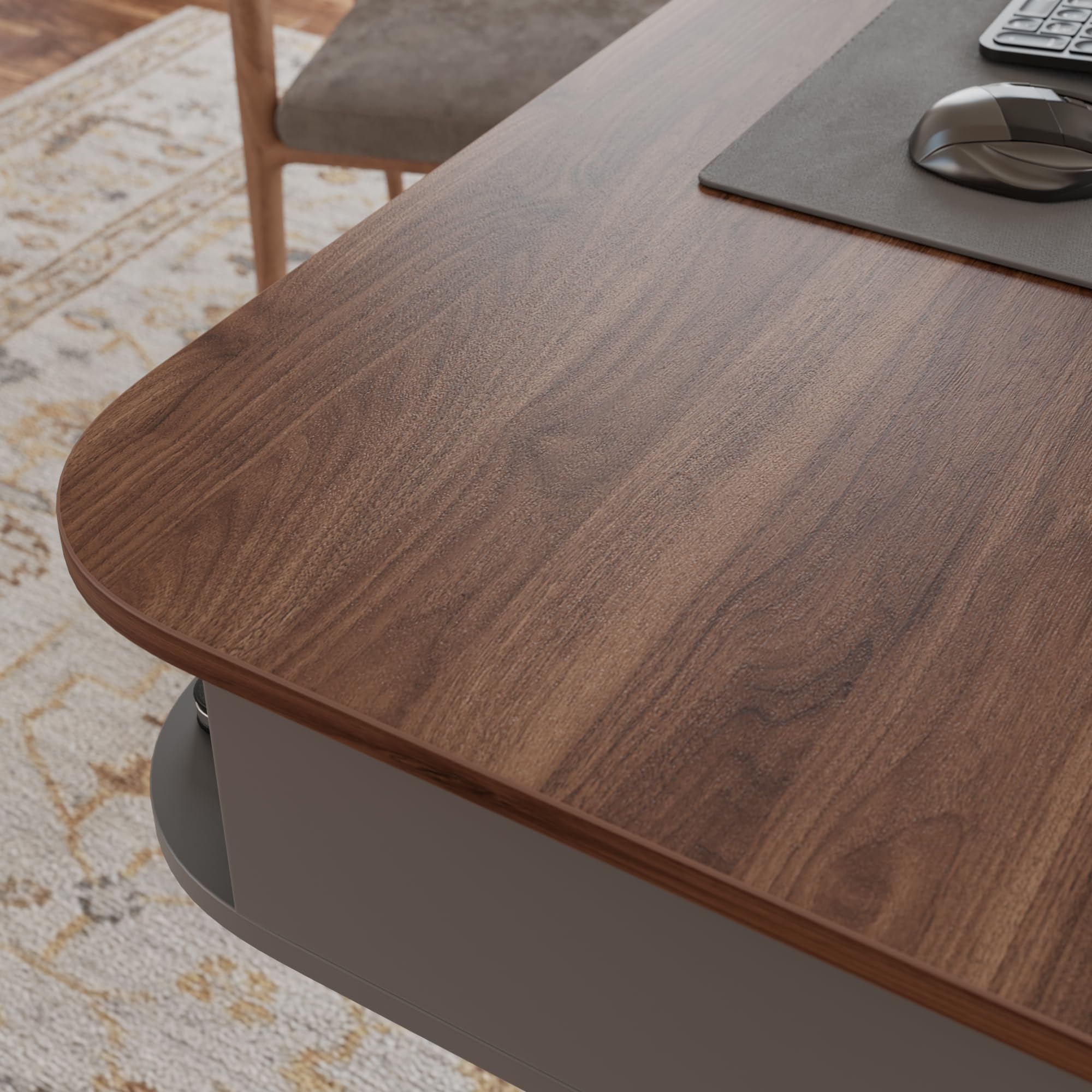 FEZIBO Whole Piece Mid Century Modern Electric Standing Desk with Drawer and Open Storage, 48 x 24 Inches Sit Stand Home Office Desk, Haze Blue Walnut(2 Packages)