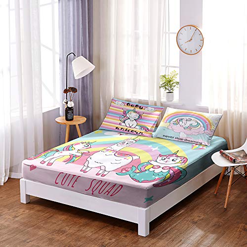 Roscloud Girls Unicorn Bed Sheets Sets Full Size - 3PC Memaind Rainbow Kids Fitted Sheet(Fitted Sheet x 1 Pillowcases x 2)