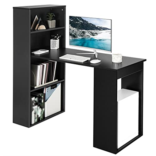 MJWDP Computer Desk Writing Workstation Office with 6 Tier Storage Shelves in Black Desk