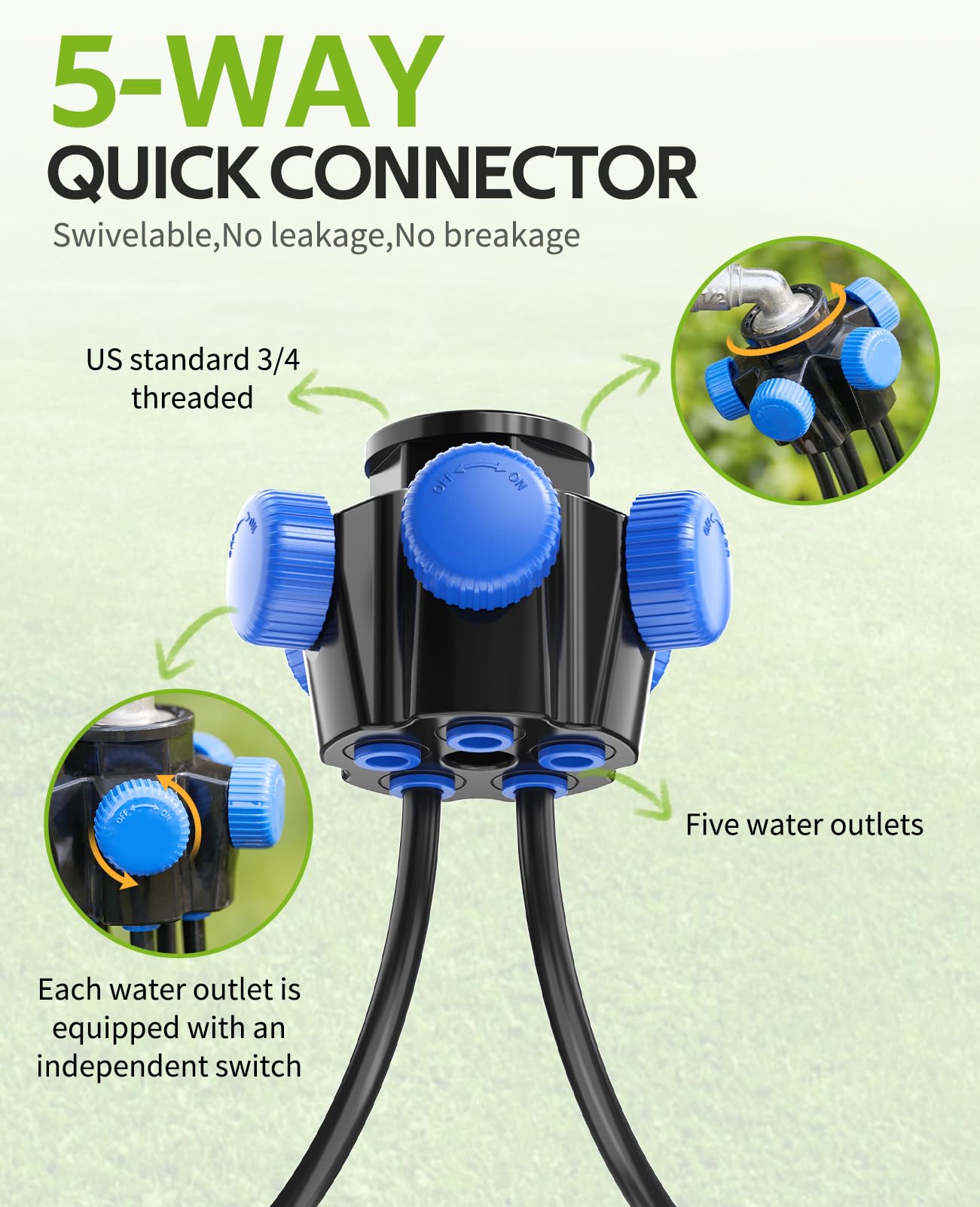 HIRALIY 50FT Garden Watering System with 12Pcs Pressure Compensation Drippers and 5-Way Connector, New Quick Connector Drip Irrigation Kits, Irrigation System for Plant
