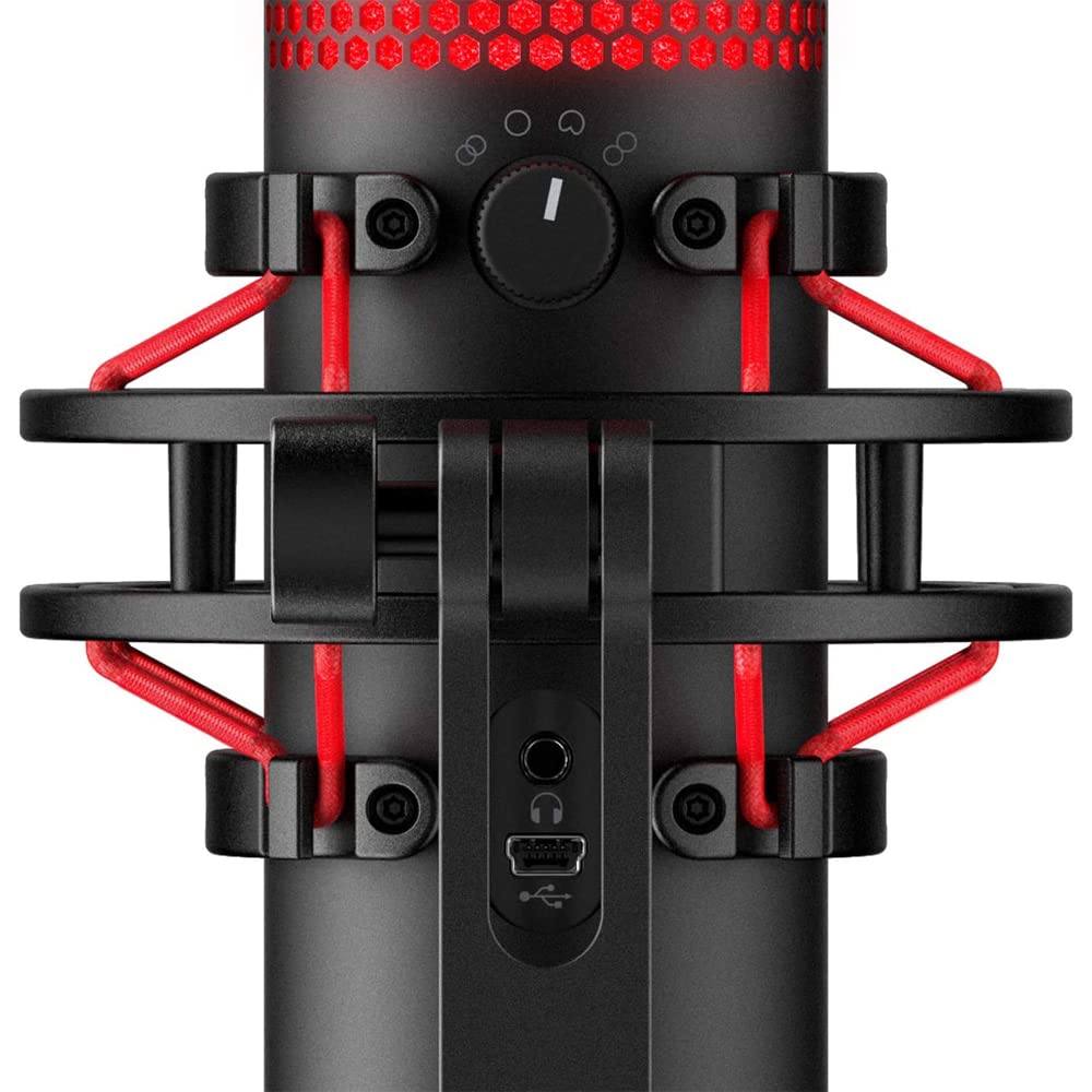 HyperX 4P5P6AA QuadCast Electret USB Condenser Microphone, Black/Red Bundle with Deco Gear Adjustable Mic Suspension Boom Scissor Arm Stand, Screw Thread Adapter and Pop Filter Microphone Wind Screen