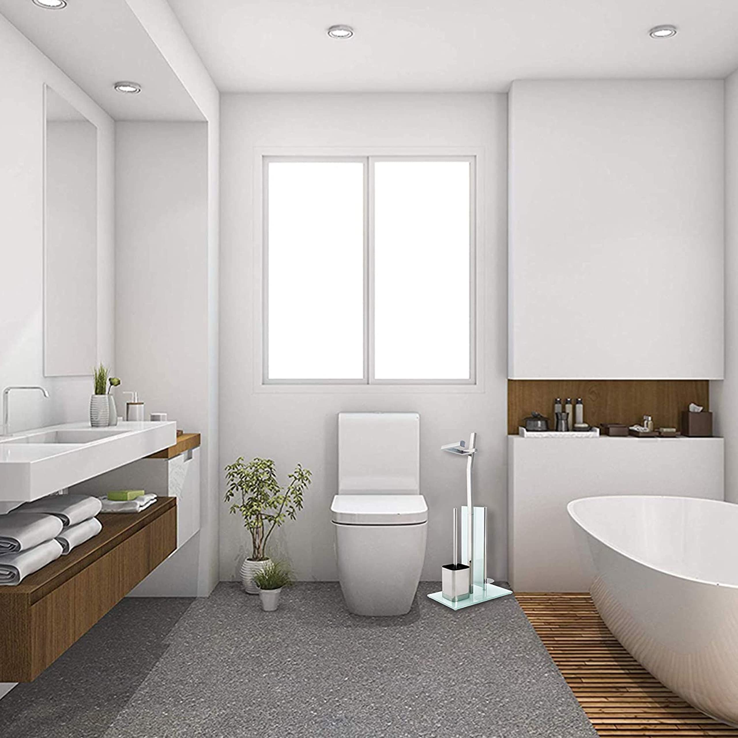 WC Set with roll Holder - Shiny Chrome - Toilet Paper Holder - Stainless Steel Chrome-Plated - Glass Base - Dim: 32x20x70cmβ Easy Installation β Plus: 1+2 Extra Toilet Brush Heads for Exchange!
