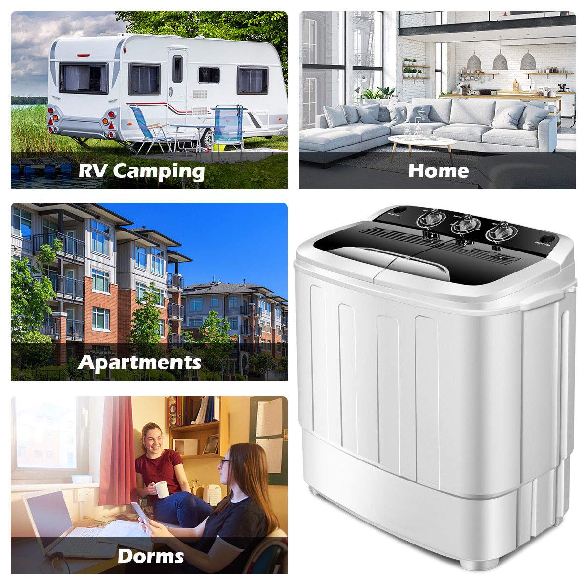 Giantex Portable Compact 13 Lbs Mini Twin Tub Washing Machine Washer Spin Dryer (Black&White)