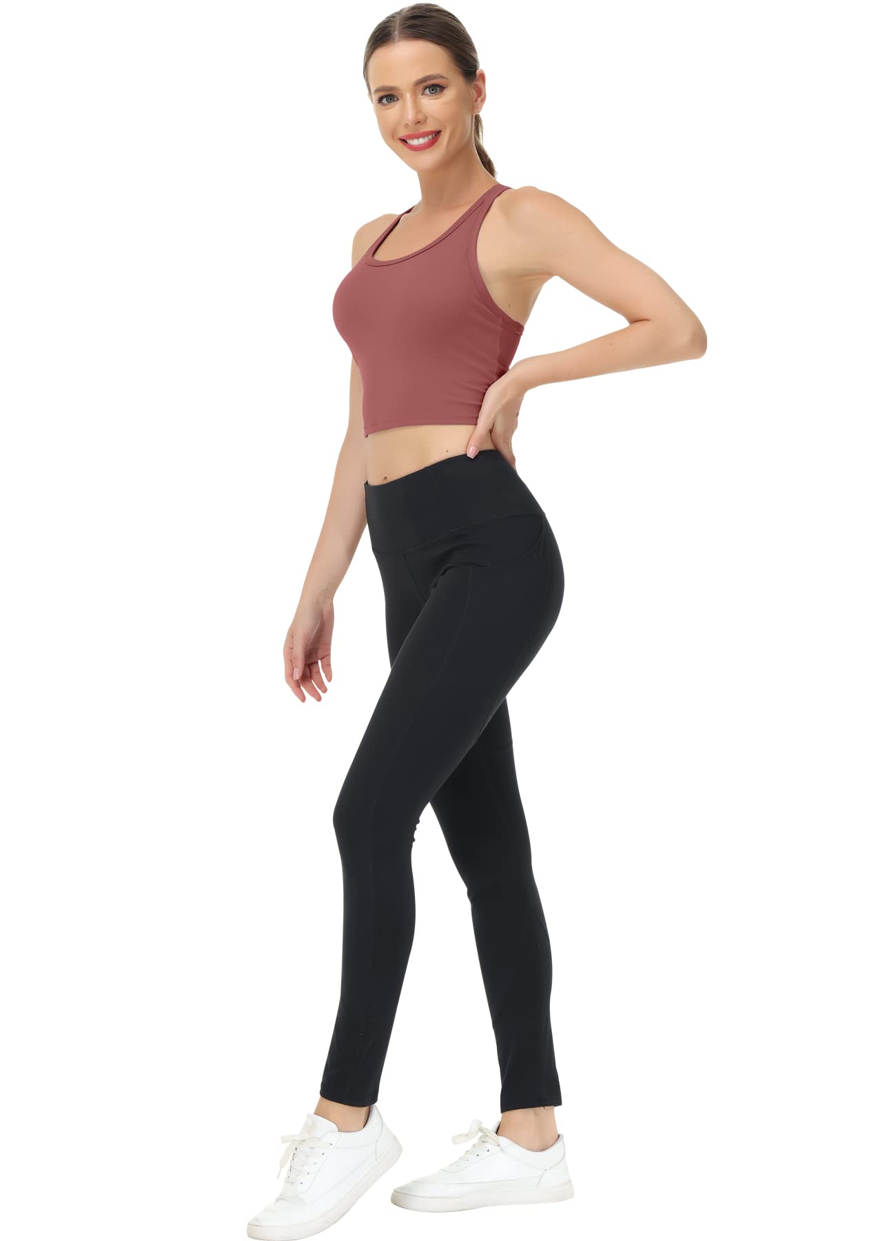 High Neck Longline Sports Bras for Women Sewn in Pads Ribbed Tank Tops for Yoga Gym Full Back Coverage Workout Crop Top Medium