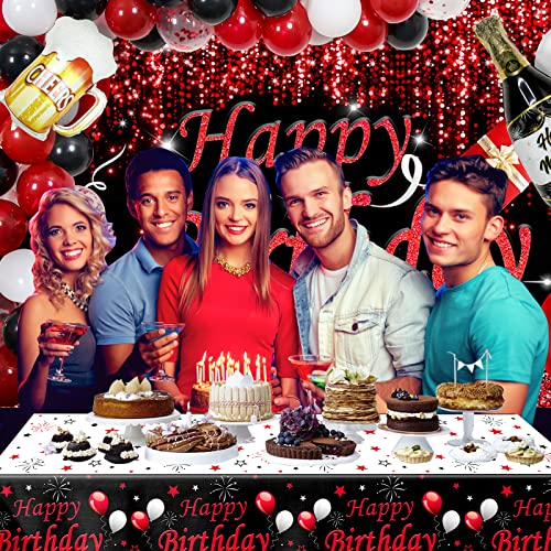 Red and Black Party Decorations, Happy Birthday Decorations for Men Women with Photography Backdrop & Tablecloth Balloons Arch Kit Banner Birthday Party Supplies Beer Bday Decor with Table Cover