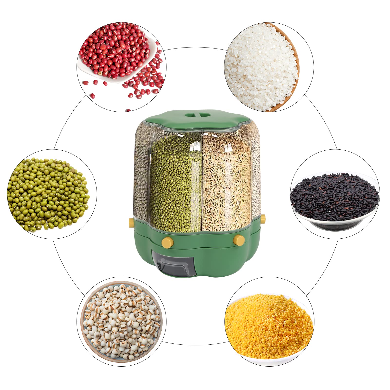 Gagalayong Cereal Grain Container Storage, 6 Compartment Separate Rice Dispenser, 360° Rotating Grain Storage Food Dispenser with Lid for Peanut Barley Millet and Large Grain Cereal (27.55lbs