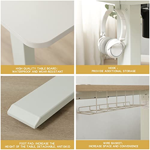 Jceet Adjustable Height Electric Standing Desk - 55 x 24 Inch Sit Stand Computer Desk, Stand Up Desk Table for Home Office, White Frame/White + Oak Top