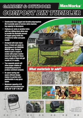 MaxWorks 50891 Compost Tumbler Bin Composter Dual Chamber 42 Gallon, Bundled with Gloves