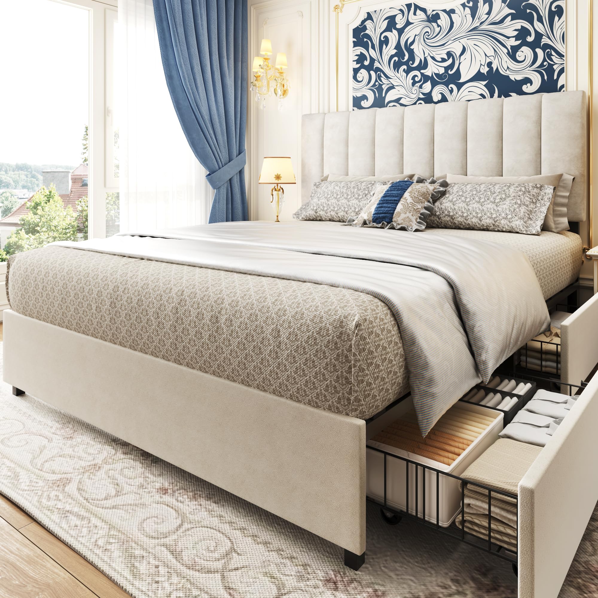Lifezone Queen Bed Frame, Queen Bed Frame with Headboard & 4 Storage Drawers, Velvet Upholstered Headboard, No Box Spring Needed/Easy Assembly, Beige
