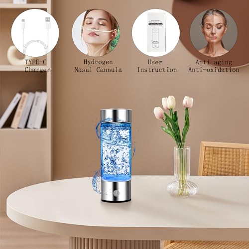 Hydrogen Water Bottle Generator, AquaHealth Hydrogen Water Bottles, 450ml Portable Rechargeable Hydrogen Water Ionizer Hydrogen-Rich Water Bottle Glass for Home (Silver)
