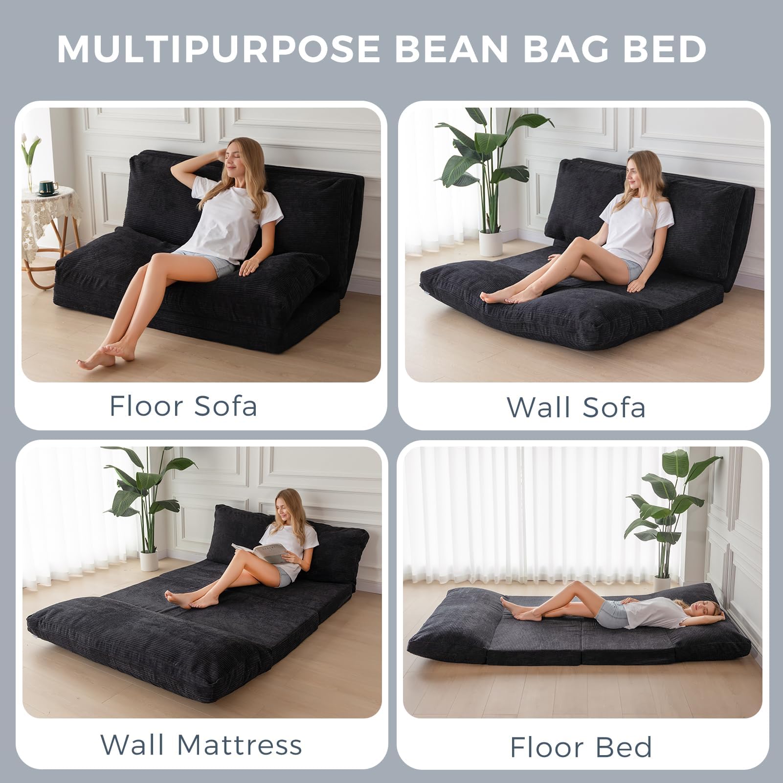 MAXYOYO Bean Bag Bed Folding Sofa Bed Floor Mattress for Adults, Extra Thick and Long Floor Sofa with Corded Washable Cover, Black, 30x95 Inch