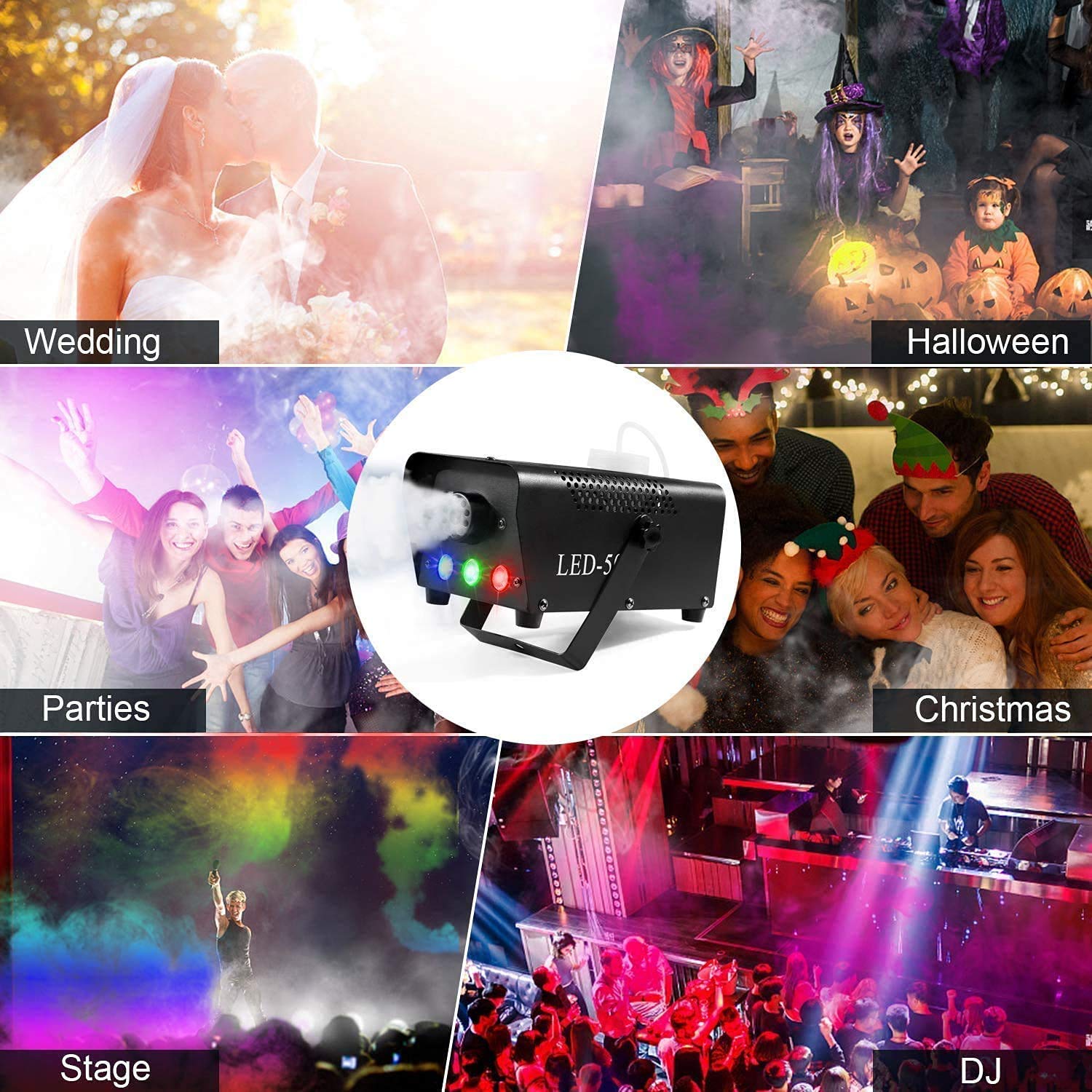 Fog Machine 500W Smoke Machine with RGB LED Lights 2000 CFM Huge Fog with Wireless and Wired Remote Control for Parties Halloween Wedding Christmas Dance DJ