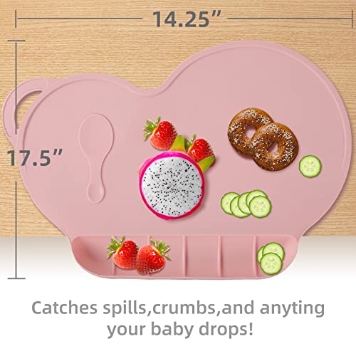 Silicone Placemats with Food Catching Pockets - 15 x 10” Home and Restaurant Table Mat - Non-Slip Suction Placemat for Toddlers (Pink)
