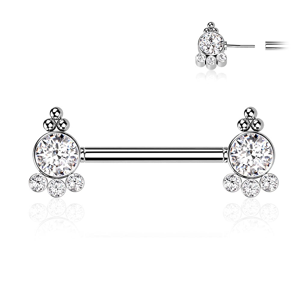 Dynamique 316L Surgical Steel Threadless Push In Nipple Barbell With 4 CZ And Ball Cluster On Each Side (Sold Per Pair Or Per Piece)