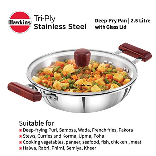 HAWKINS Triply 3 mm Stainless Steel Deep Fry Pan 2.5 LTR with Lid, Silver (SSD25G), Standard
