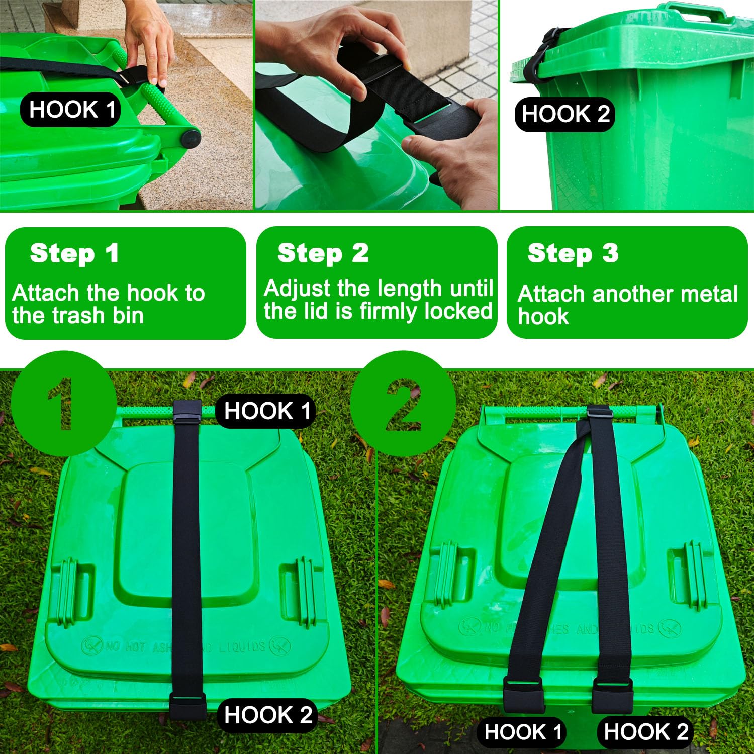 Metal Double Claw Trash Can Locks Strap for Animals,Universal Trash Can Lid Lock 1PC,Adjustable Garbage Can Lid Locks Security Strap,Trash Can Bungee Cord Belt Rope for Outside Raccoon,Trash Bin Lock