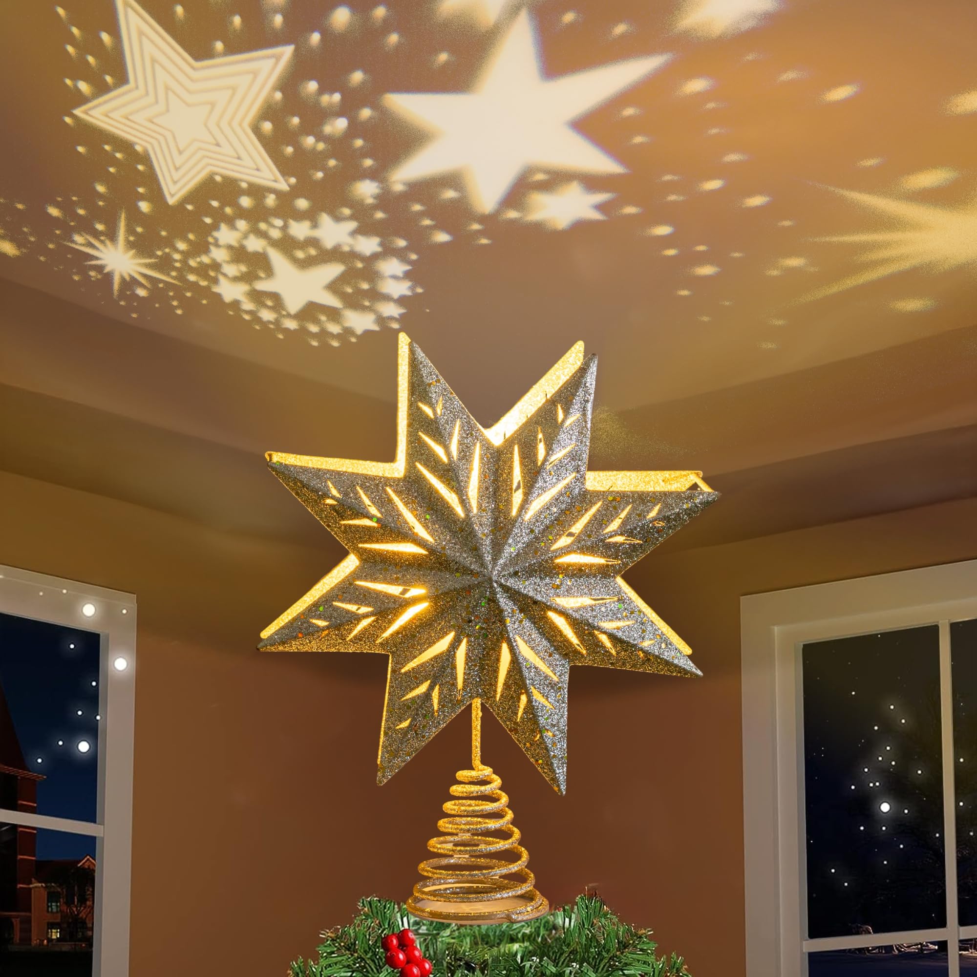 Dazzle Bright Christmas Tree Topper with LED Snowflake Projector Lights for Holiday Decorations (Gold)