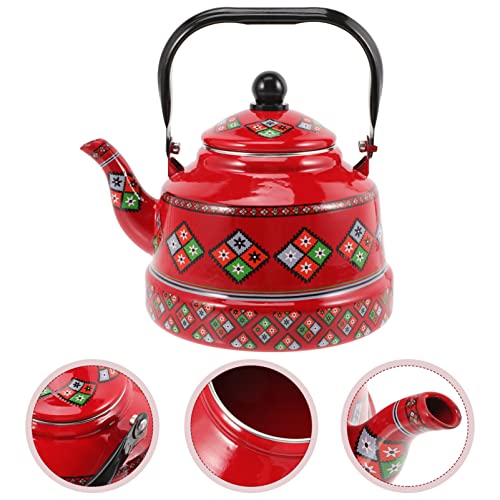GANAZONO Vintage Enamel Teapot Stainless Steel Tea Kettle Camping Coffee Kettle Floral Hot Water Boiler Pot for Home Kitchen Red 2.5L