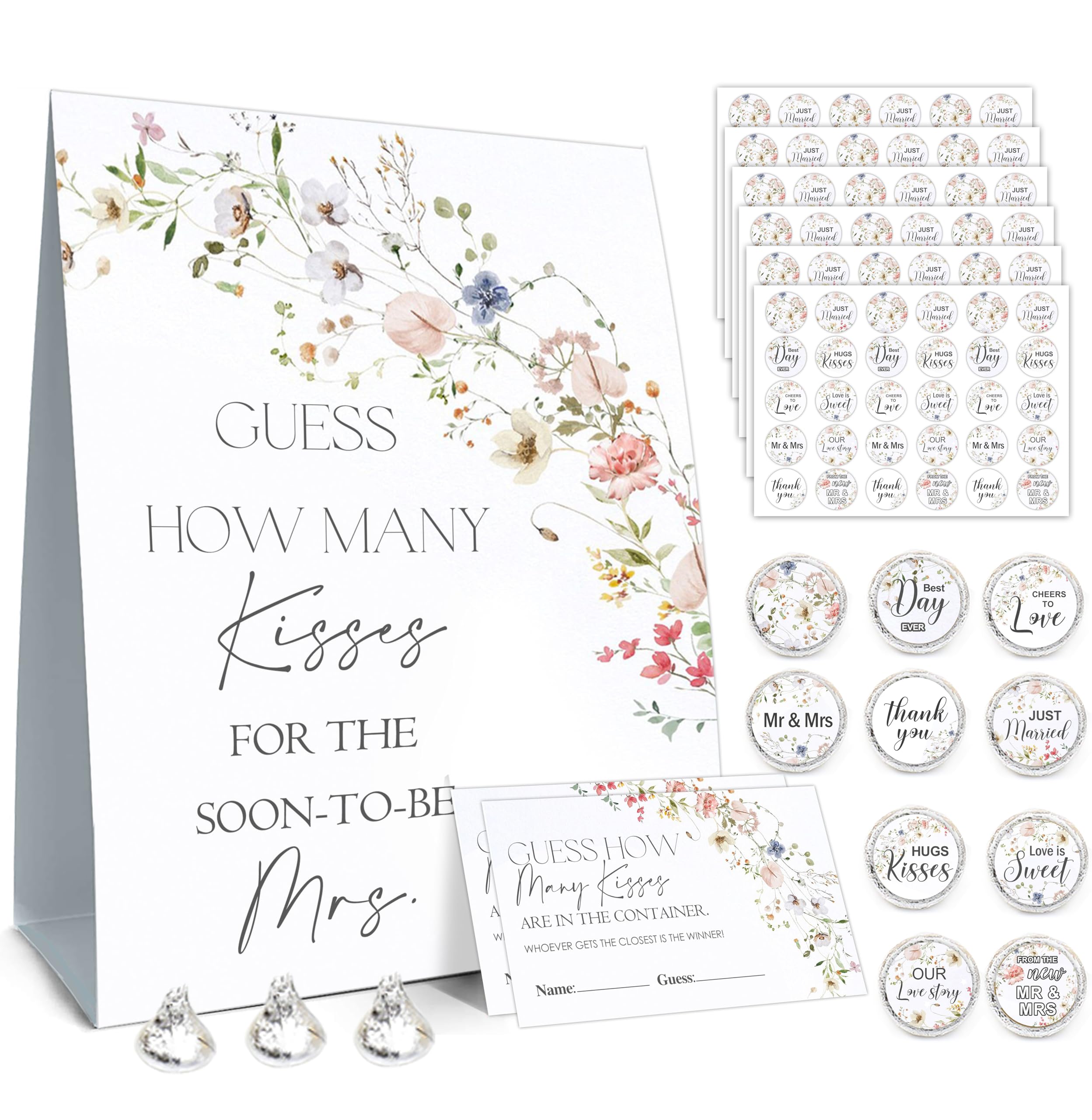 How Many Kisses Bridal Shower Games, How Many Kisses Standing Sign 50 Guessing Cards 180 Bridal Shower Kisses Stickers, How Many Kisses Flowers Bridal Shower Game Set for Bridal Shower and Weddings