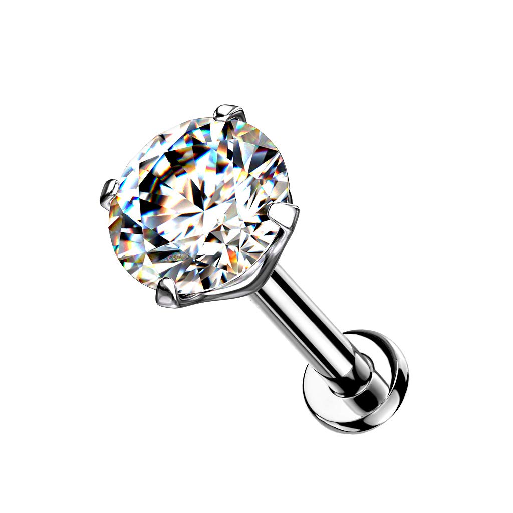 Dynamique Implant Grade Titanium Threadless Push in Labret With Prong Set CZ Top (Sold Per Piece)
