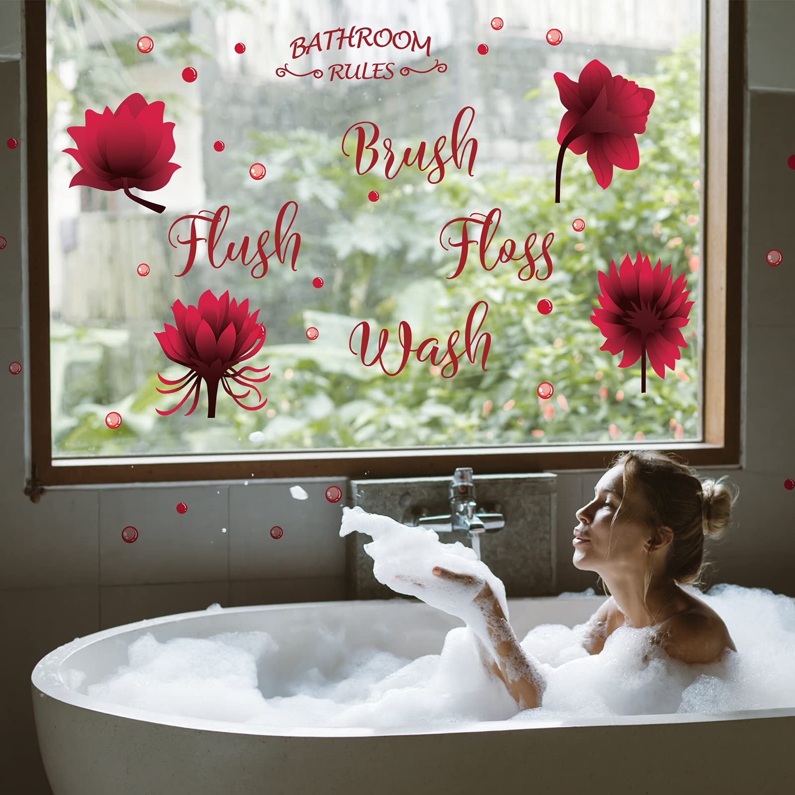 Set of Bathroom Wall Decals Stickers Wash Brush Flush Floss Bathroom Rules Wall Decor Sticker Waterproof Flower Sign Sticker for Bathroom Kitchen Home DIY Decorations