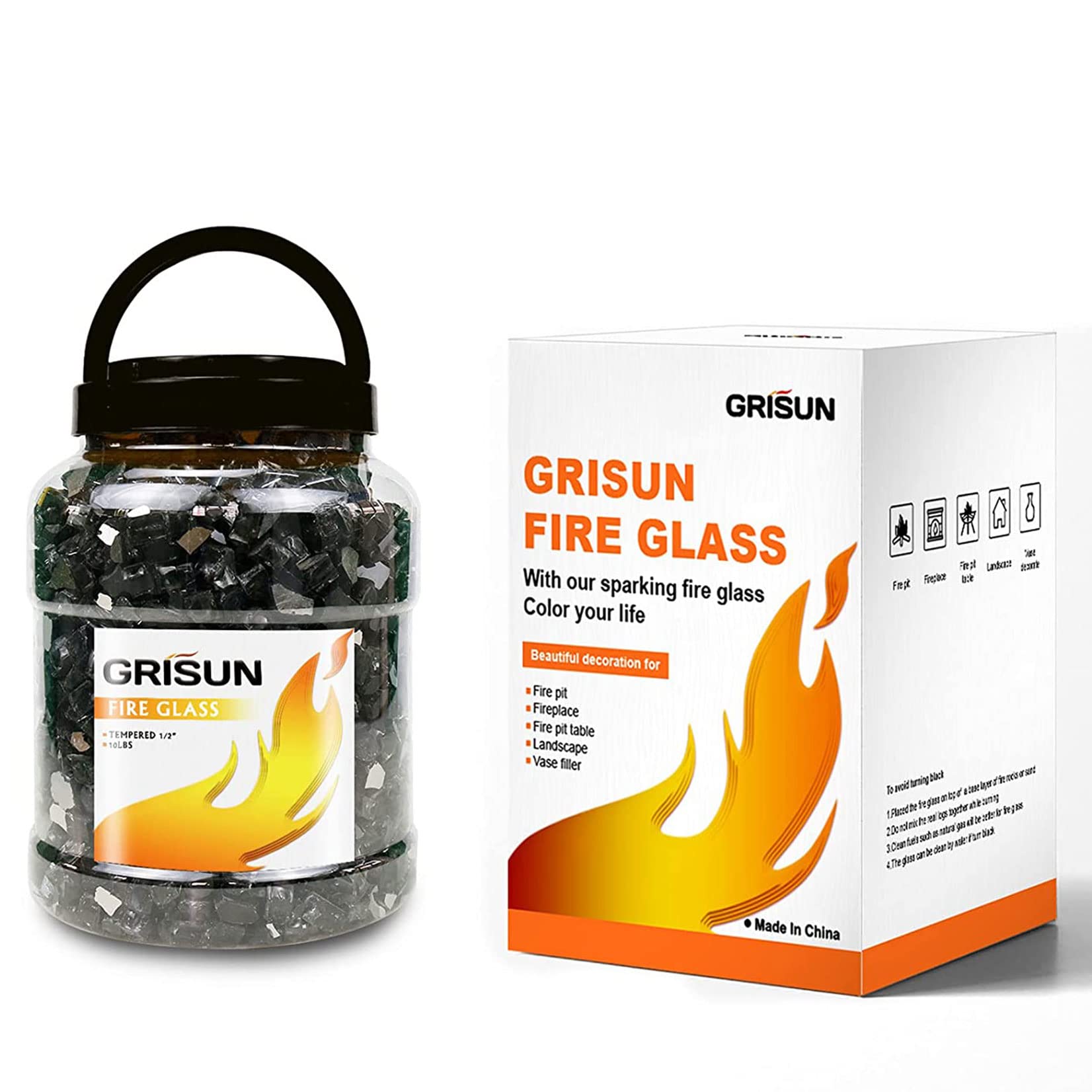 Grisun Fire Glass with Drop-in Fire Pit Kit 24 x 8 Inch, H-Shape Burner with Tray, Come with Upgraded Spark Ignition Kit for Gas Fire Pit, Fire Table