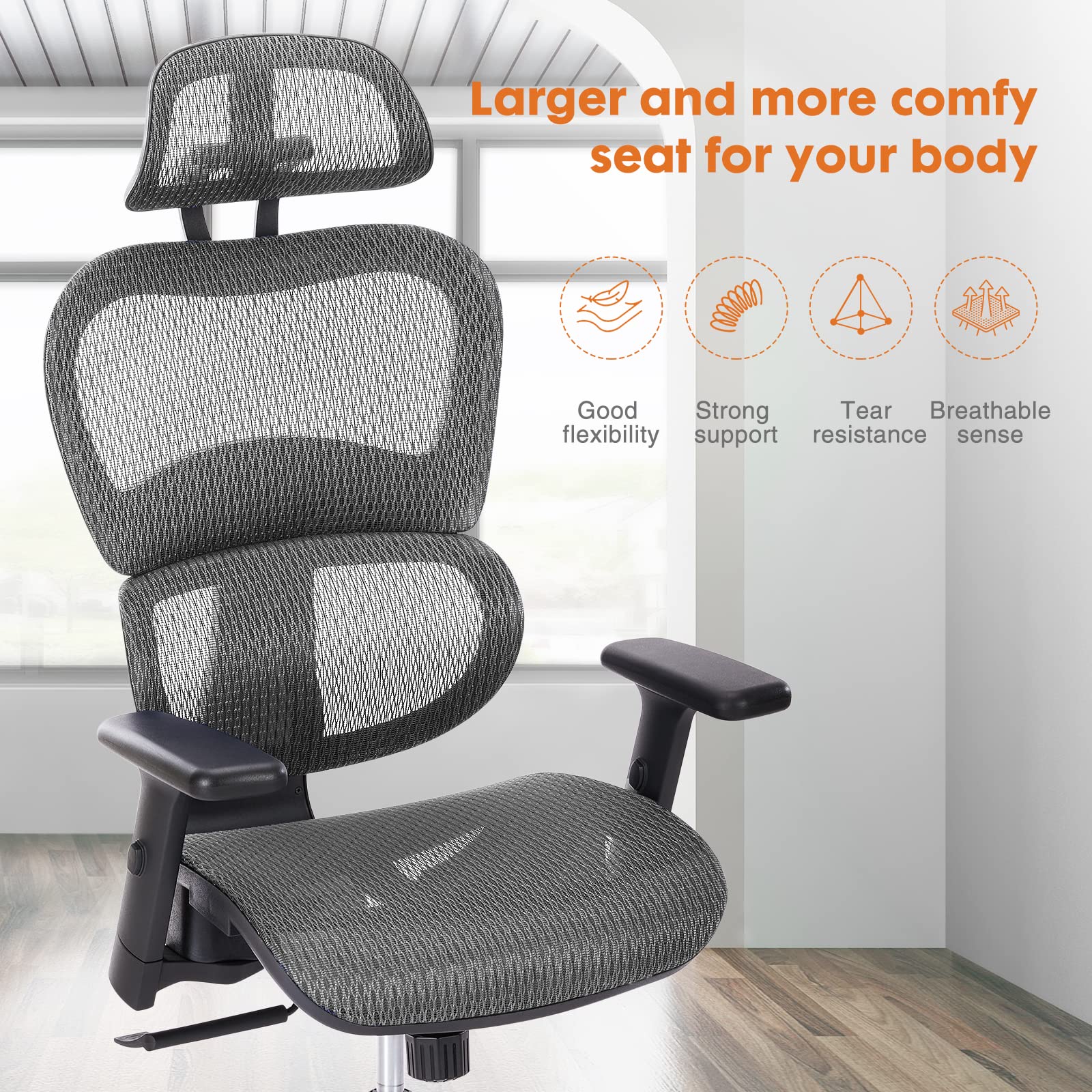 Ergonomic Office Chair,Large High Back Office Chairs Ergo3D Rolling Desk Chair with 4D Adjustable Armrest,3D Lumbar Support,Adjustable Headrest,Breathable Mesh Computer Gaming Executive Swivel Chairs