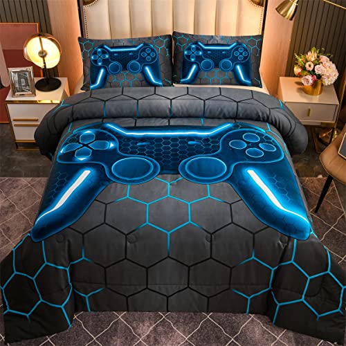 NTBED Game Console Comforter Set for Boys Girls Kids Geometric Lightweight Microfiber Bedding Sets (Blue, Full 5Pcs)