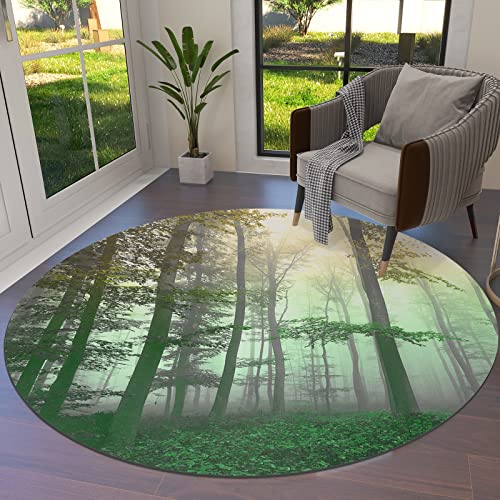 Ombre Yellow and Green Nature Forest Tree Fog Round Area Rugs Collection 5', Forest Fantasy Fog Magic Woodland Indoor Circular Throw Runner Rug Floor Mat Carpet for Living Room Bedroom Nursery Decor