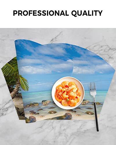 Placemats Set of 5,Palm Tree Beach Sea Cloud Blue Sky Island Reef Stone Indoor Outdoor PVC Weave Place Mats Wipeable Dining Table Placemats Heat Insulation Table Mats