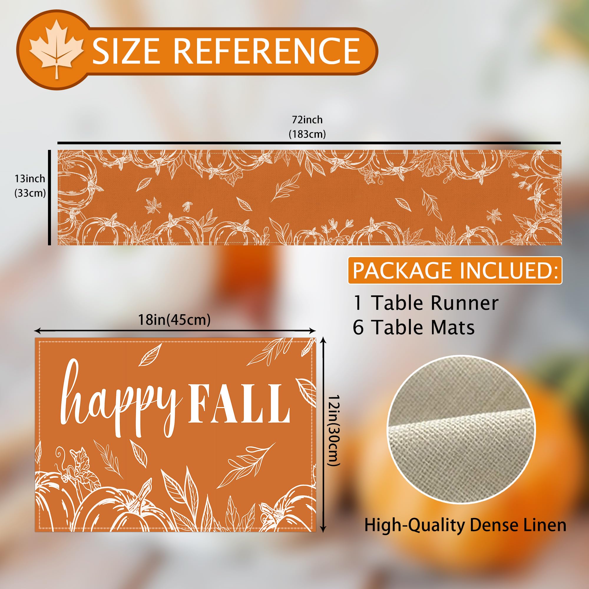 Fall Table Runner and Placemats Set of 6, Fall Table Decor, Fall Line Pumpkin Leaves Orange Kitchen Dining Autumn Table Decorations, Harvest Thanksgiving Farmhouse Hallo Fall Table Runner Mats Set
