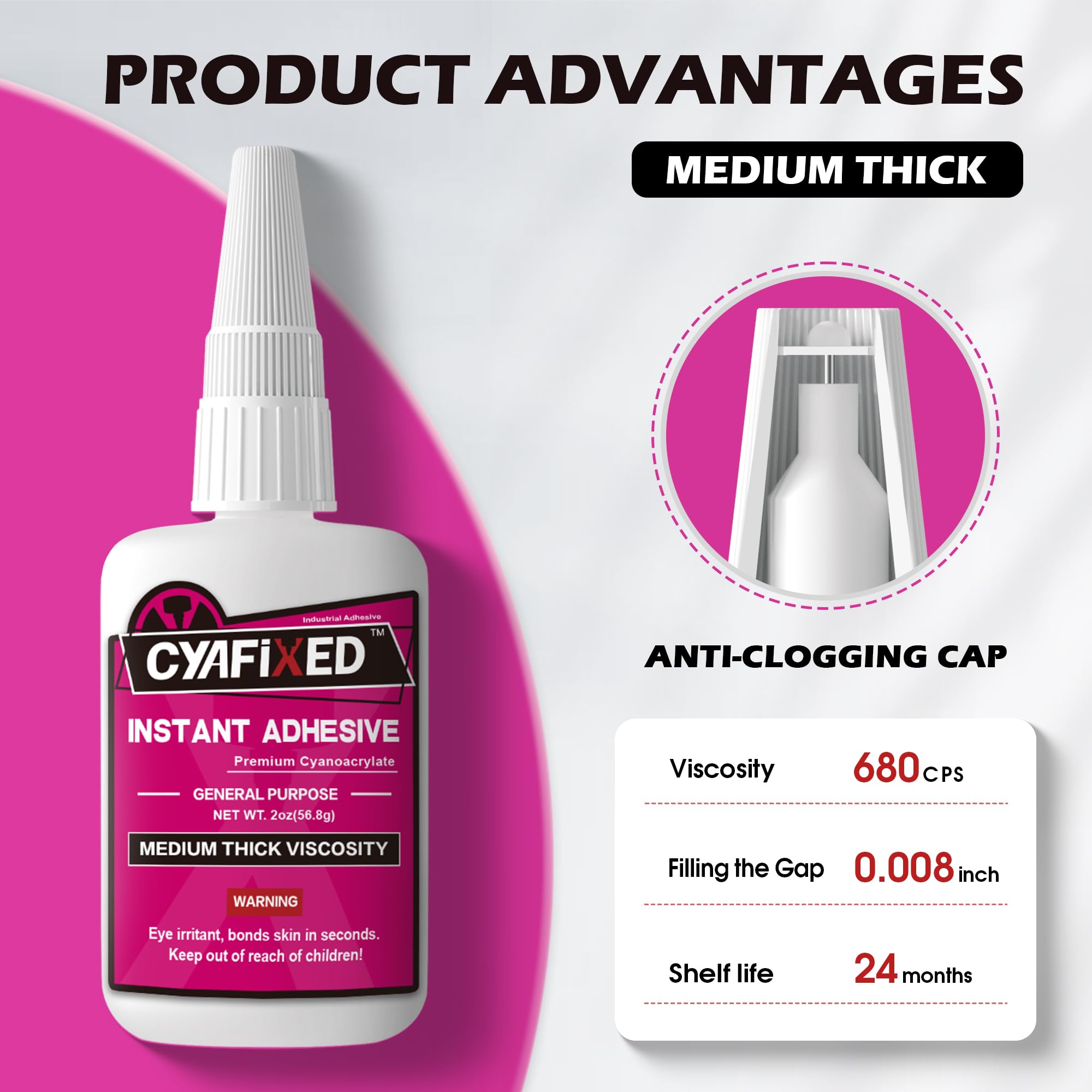 CYAFIXED Strong Cyanoacrylate (CA) Super Glue, Impact Resistant Medium-Thick Viscosity Instant Adhesive, 1 oz. (28.3 Grams) - CA Glue for 3D Printing, Aquascape and Hobby Models