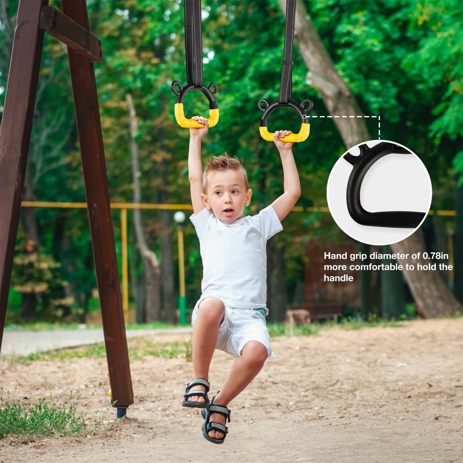 EXQ Home Kids Gymnastic Rings Pull up Rings for Chlidren Exercise,Indoor Gym Ring,Kids Gymnastics Rings with Adjustable Straps,Load Bearing 220lb,Yellow Hands Tape (NO Bar)