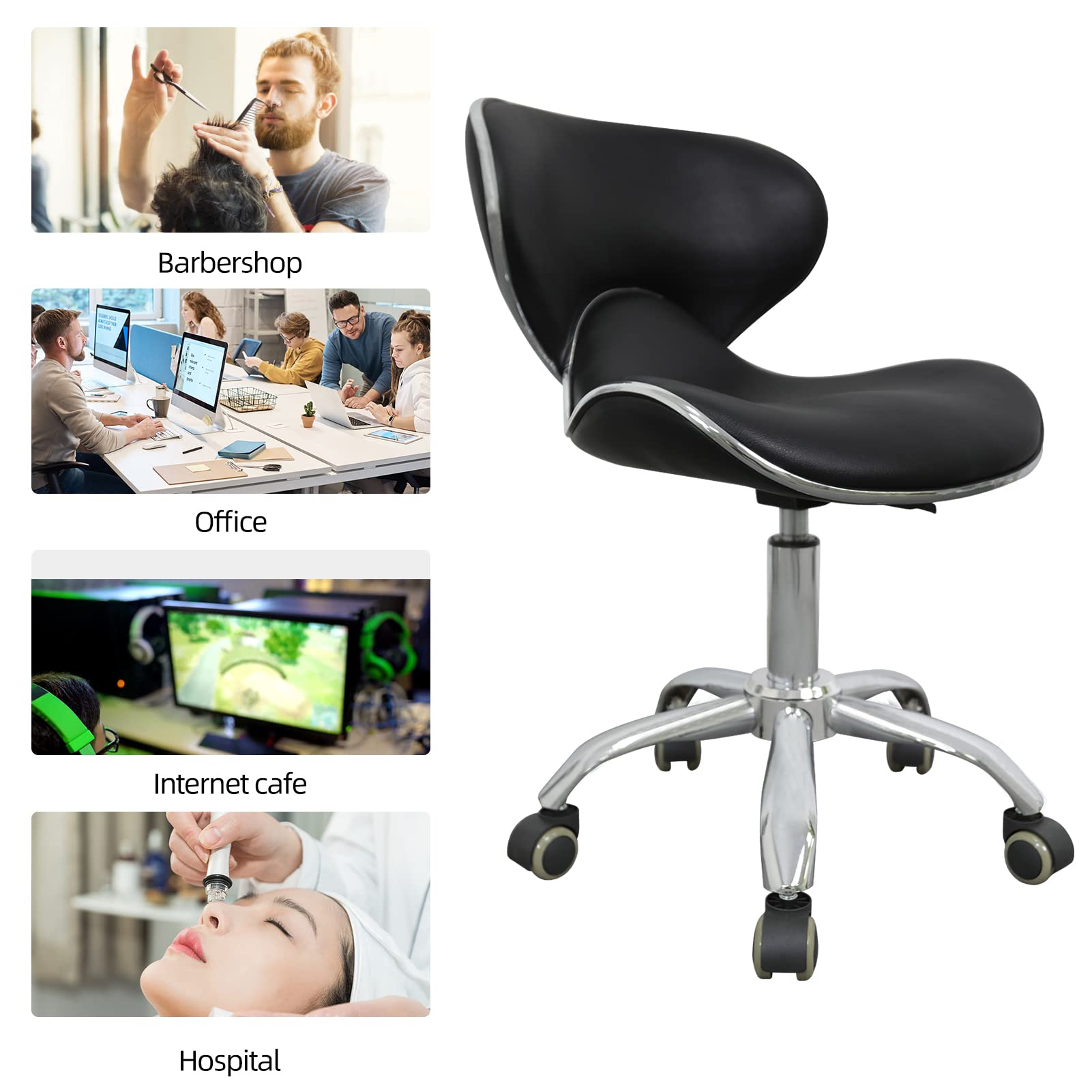 Height Adjustable Saddle Rolling Chair with Backrest Support Dental Stool for Tattoo Beauty Salon Massage Dental Clinic Office