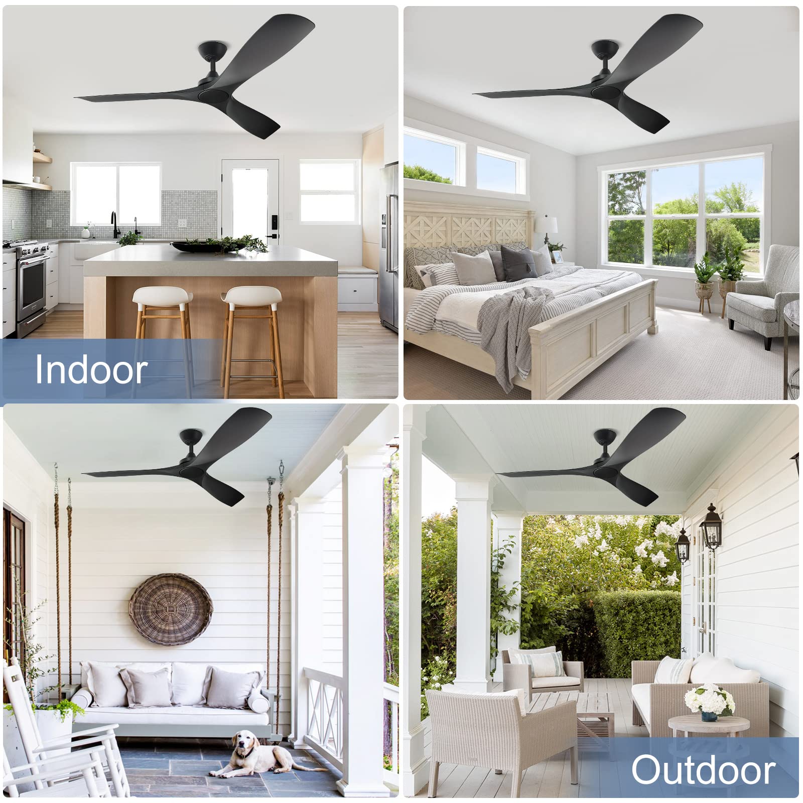 DIGLED 60 Inch Ceiling Fan No Light, Walnut Rustic Ceiling Fan without Light with 3 Blades Noiseless Reversible Motor for Indoor Living Room, Kitchen, Farmhouse, Outdoor Covered Potios, No Light