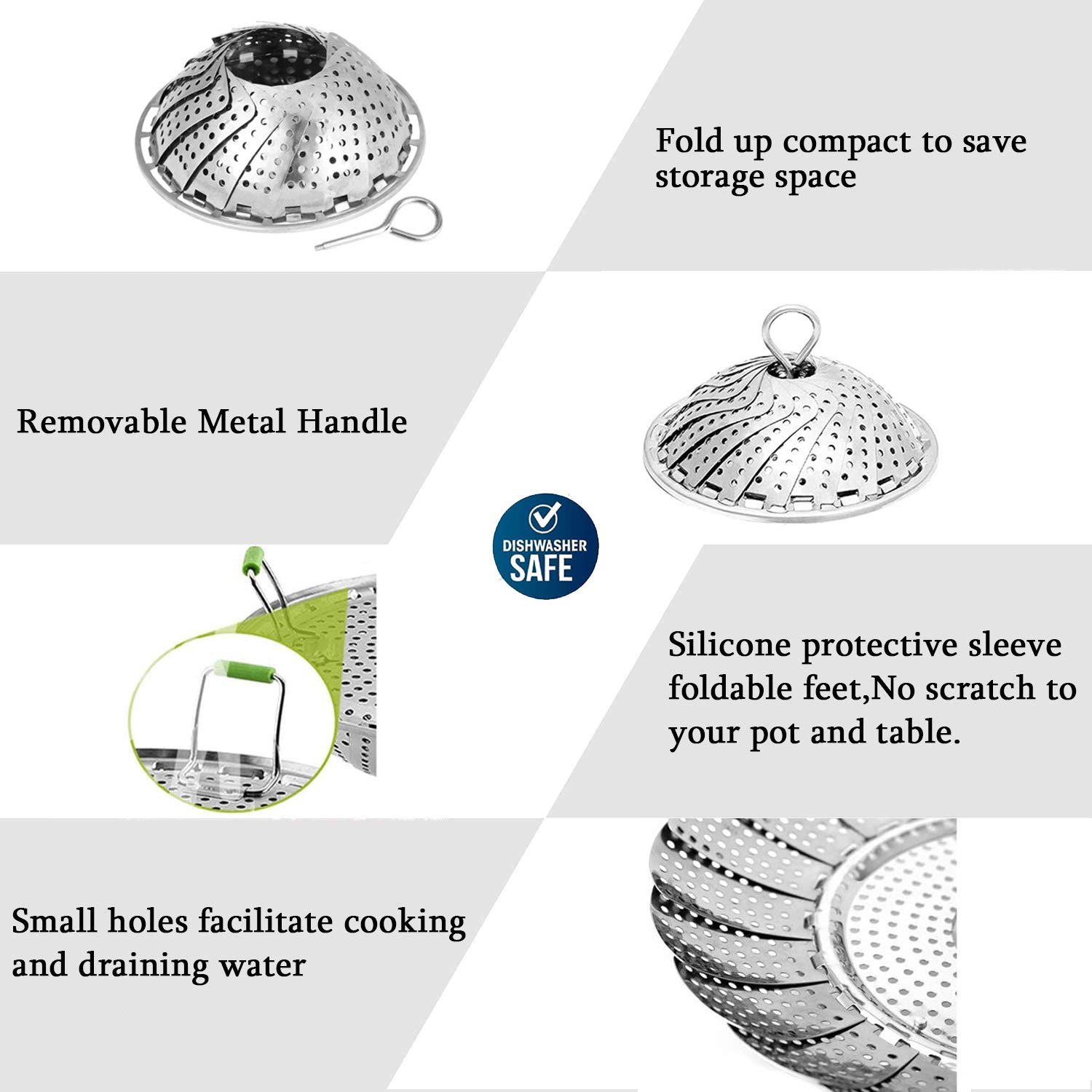 Steamer Basket Stainless Steel Vegetable Basket Metal Handle Folding Silicone Feet Steamer Insert for Cooking Veggies Fish Seafood Include Safety Tool,Fit Various Pot Pressure Cooker (5.5" to 9")