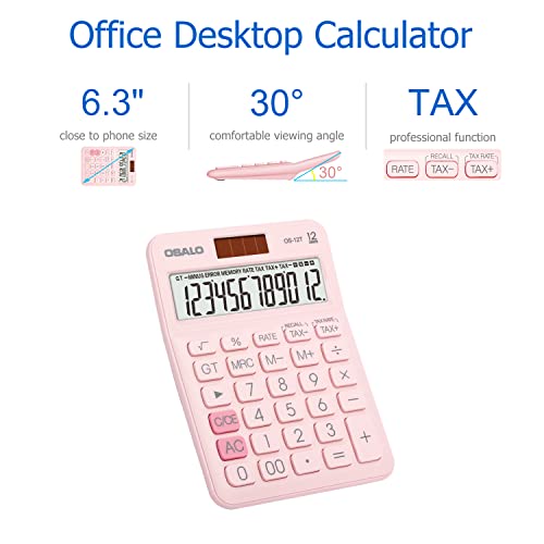 Pocket Small Size Desk Calculator, 12 Digit Large LCD Display, Basic Tax Function Handheld Desktop Calculator with Solar Battery Dual Power, Perfect for Office, School, Business OS-12T (Pink)